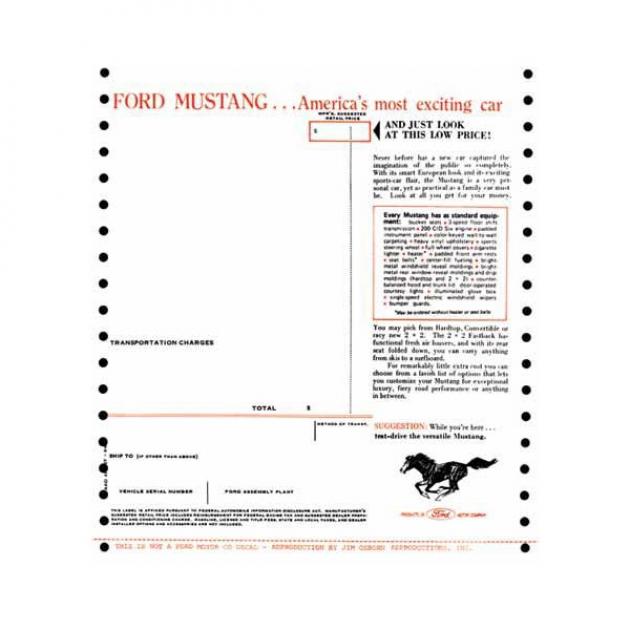 Ford Mustang New Car Window Price Sticker | Mustang Depot